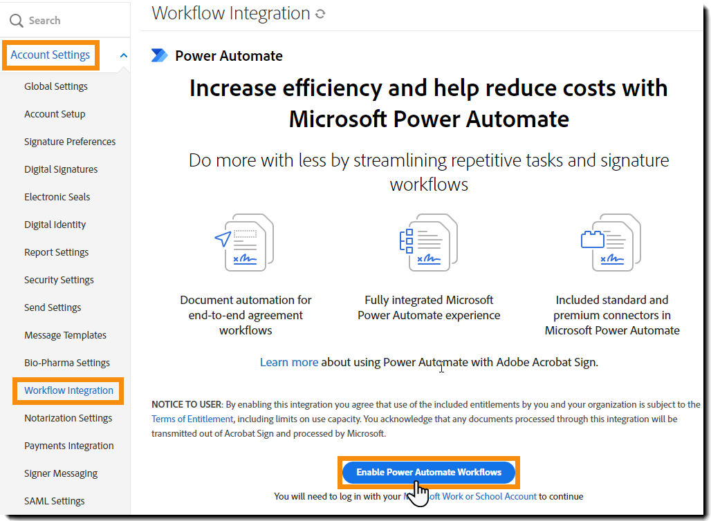 Enable the Power Automate integration with Acrobat Sign